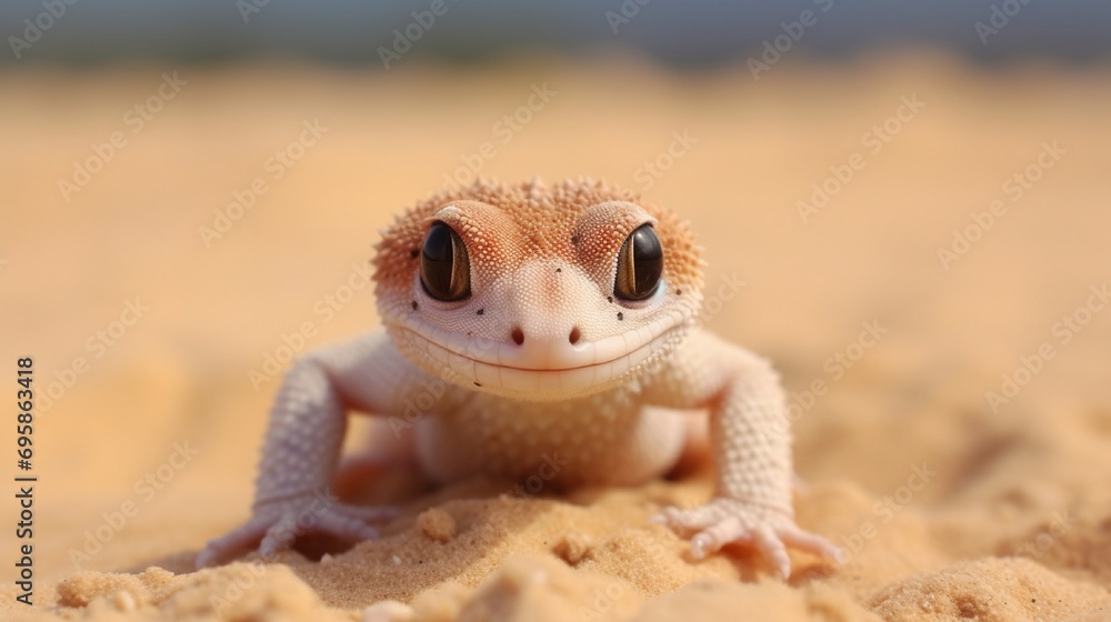 Sand gecko Stenodactylus petrii sunbathing, Sand gecko basking in the ...