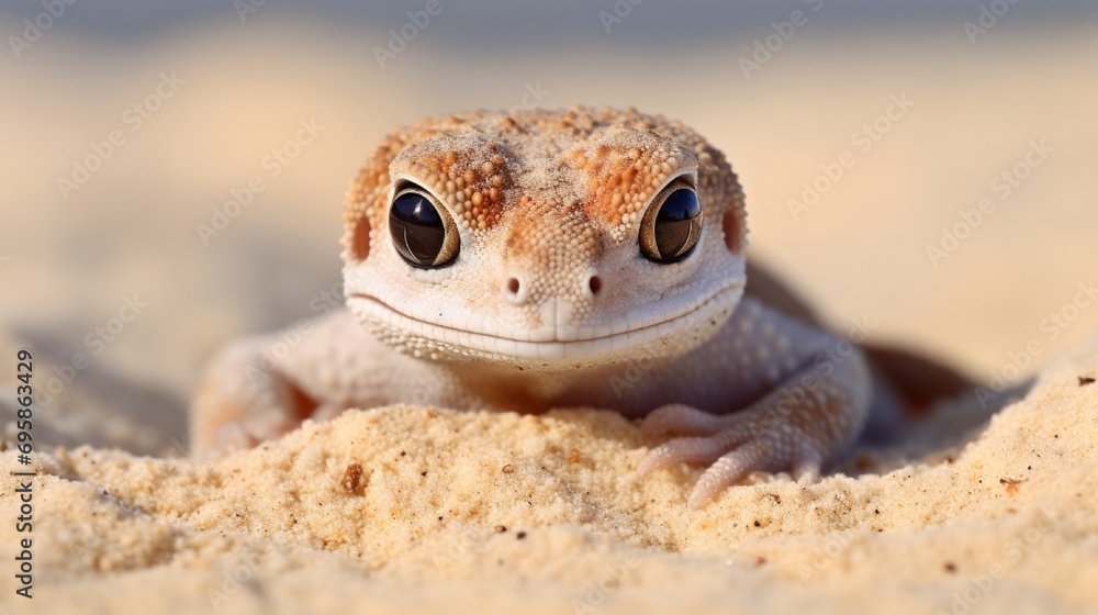 Sand gecko Stenodactylus petrii sunbathing, Sand gecko basking in the ...