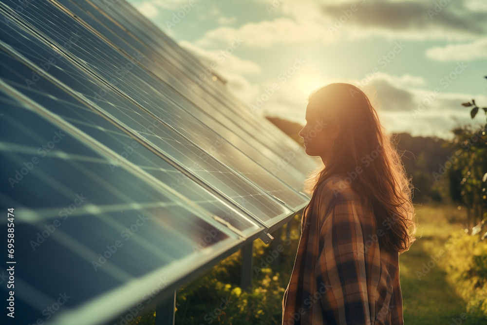 Lady assessing the solar panel system. Human interaction with solar ...