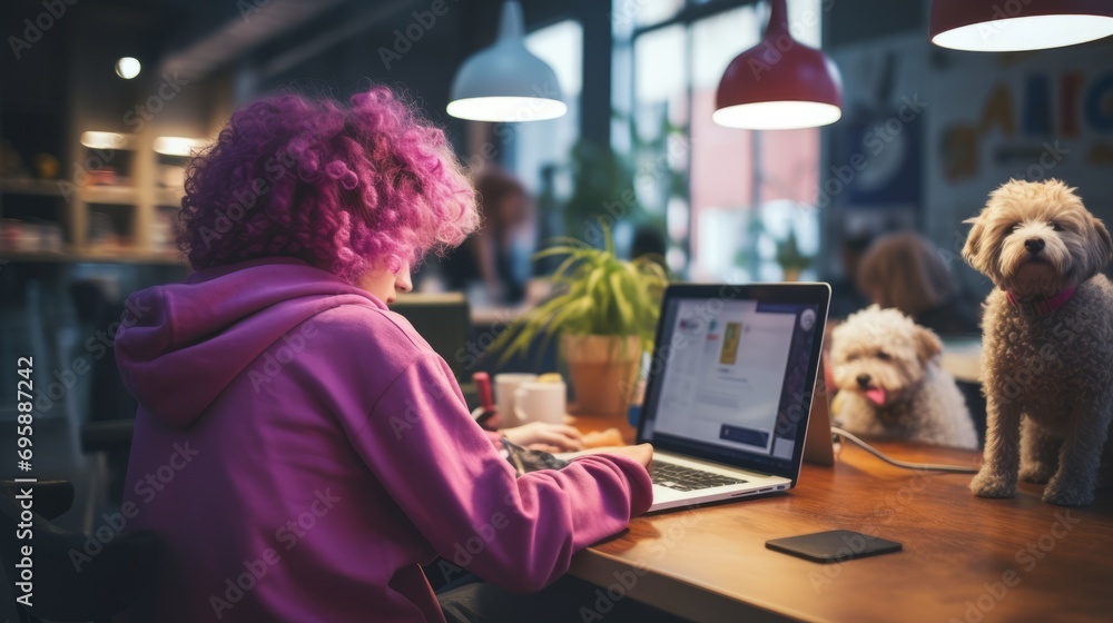 Work-Life Harmony: Girl Working in Office with Supportive Dogs Stock ...