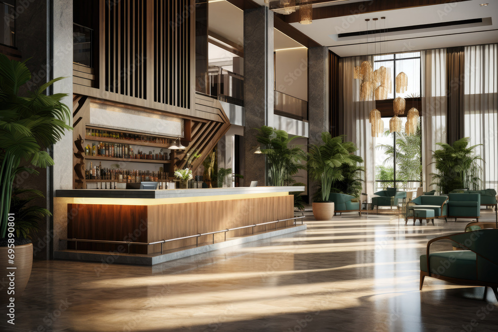 Interior of luxury hotel lobby zone with reception desk and relax zone ...