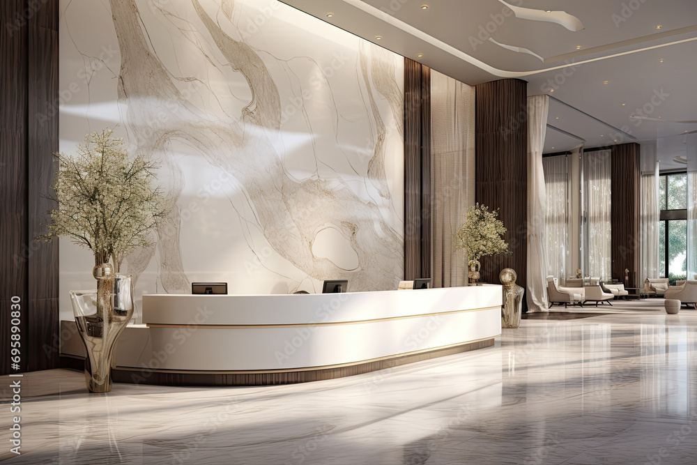 Interior of luxury hotel lobby zone with reception desk and relax zone ...