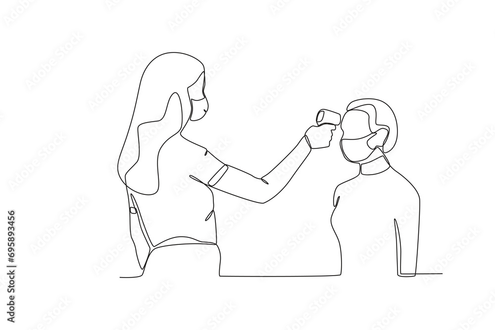 One continuous line drawing of The boss checks the body temperature of ...