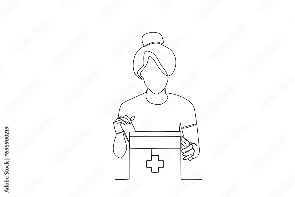 One continuous line drawing of A woman opening a first aid kit ...