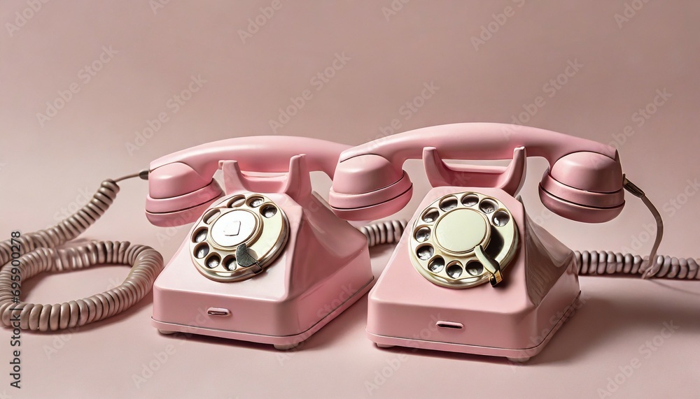 creative layout with pink retro phone handsets on pastel pink ...