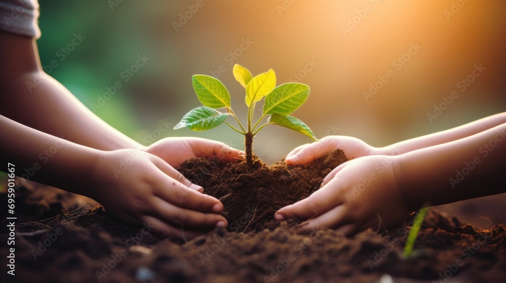 Children hold young tree ready to grow in fertile soil, prepare for ...