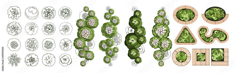 Fototapeta Top view elements for the landscape design plan. Trees and ...