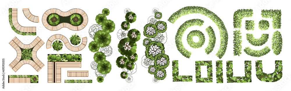 Top view elements for the landscape design plan. Trees and benches for ...