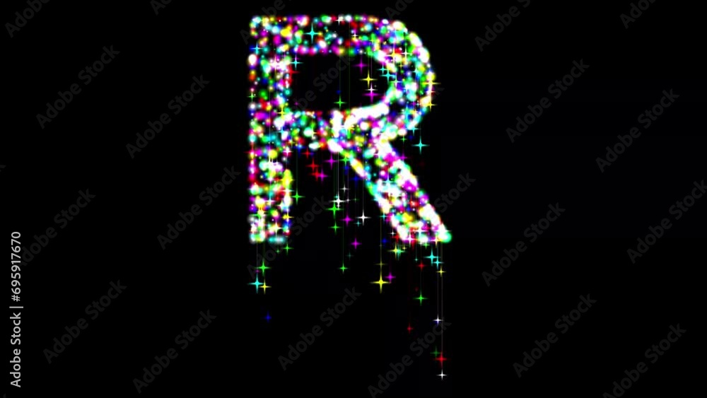 English alphabet R with colorful glitter sparkles and falling stars on ...