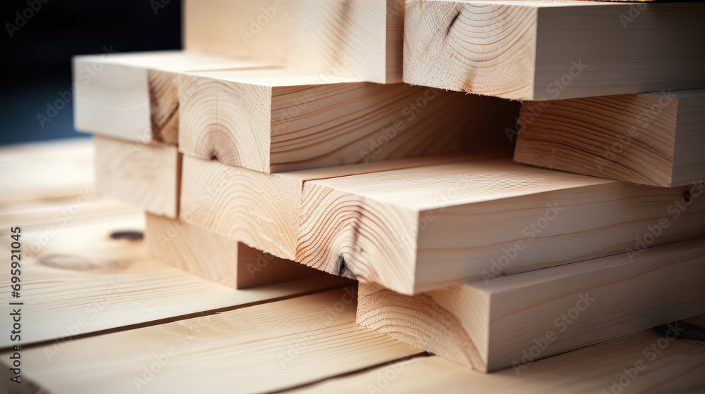 Close-up of Wooden hinoki boards, lumber, industrial wood billets ...