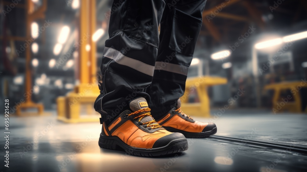 Factory worker wearing safety shoe and working uniform is standing in ...