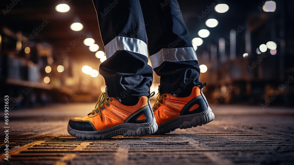 Factory worker wearing safety shoe and working uniform is standing in ...