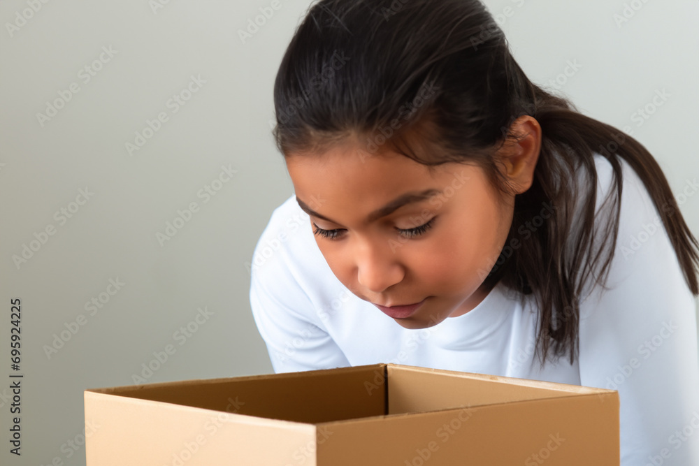 girl with a box. a young girl with a ponytail on her head and a white T ...