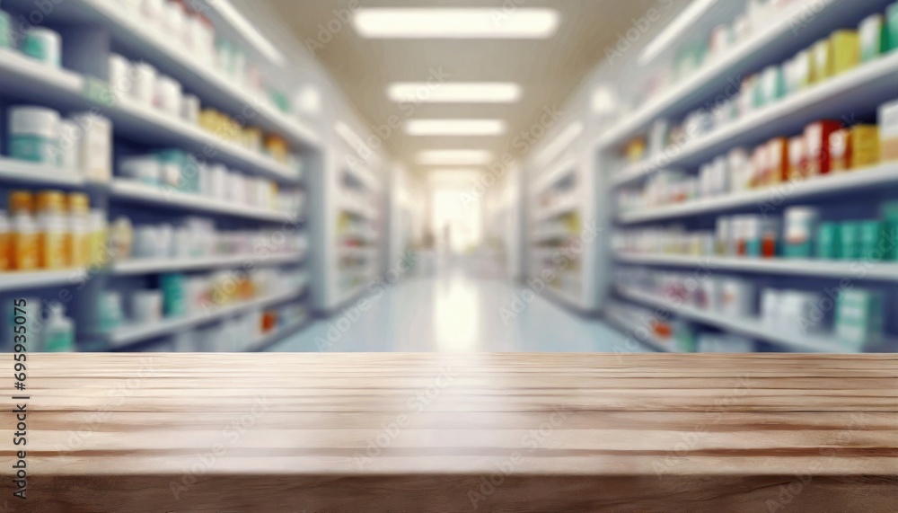 Counter with a blurred pharmacy store background, showcasing empty ...