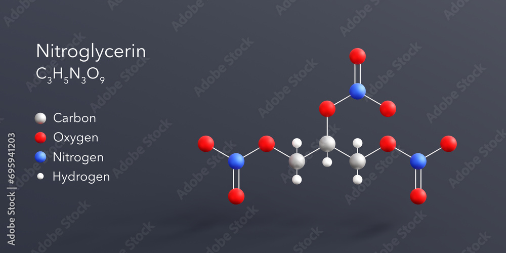 nitroglycerin molecule 3d rendering, flat molecular structure with ...