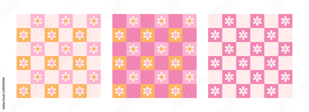 Trendy set seamless patterns with daisy flowers and checkerboard ...
