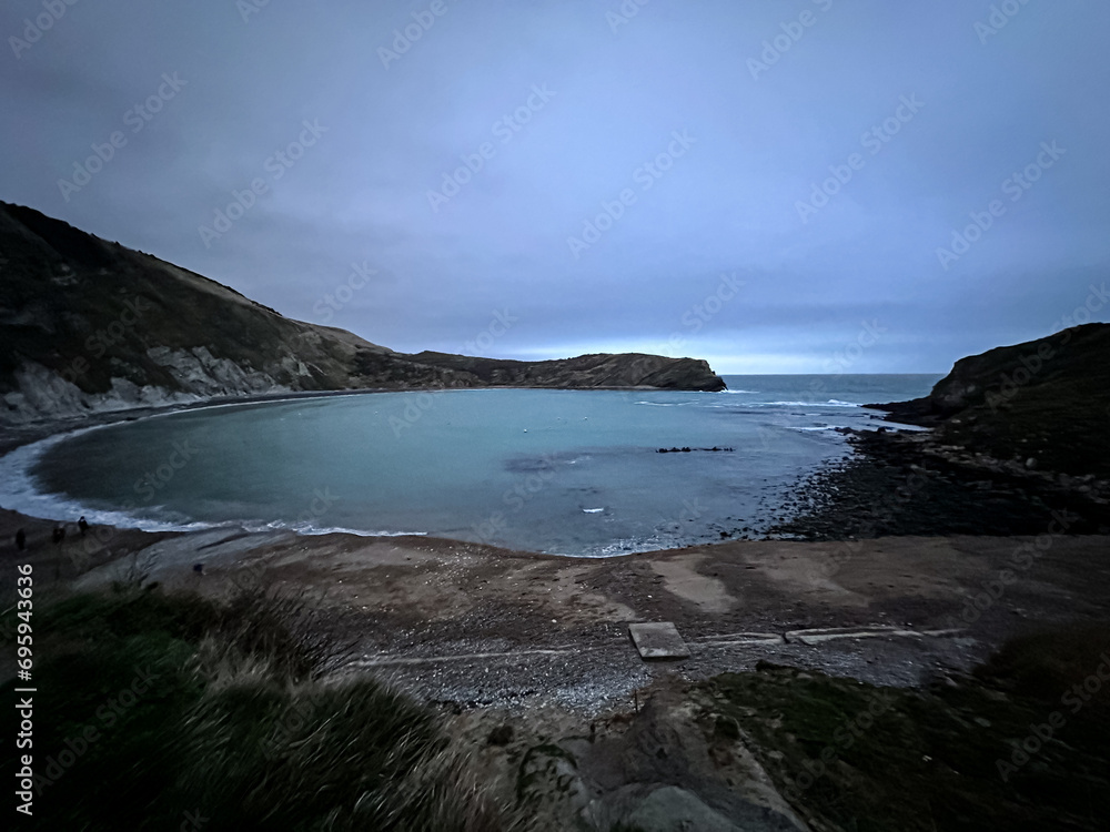 Lulworth Cove and beach view at winter day. Lulworth Cove bay, beach ...
