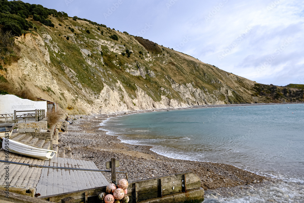 Lulworth Cove and beach view at winter day. Lulworth Cove bay, beach ...