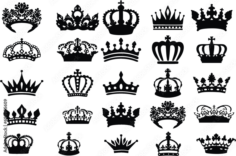 Vetor de Collection of Crown silhouette icons. Classical queen tiara ...