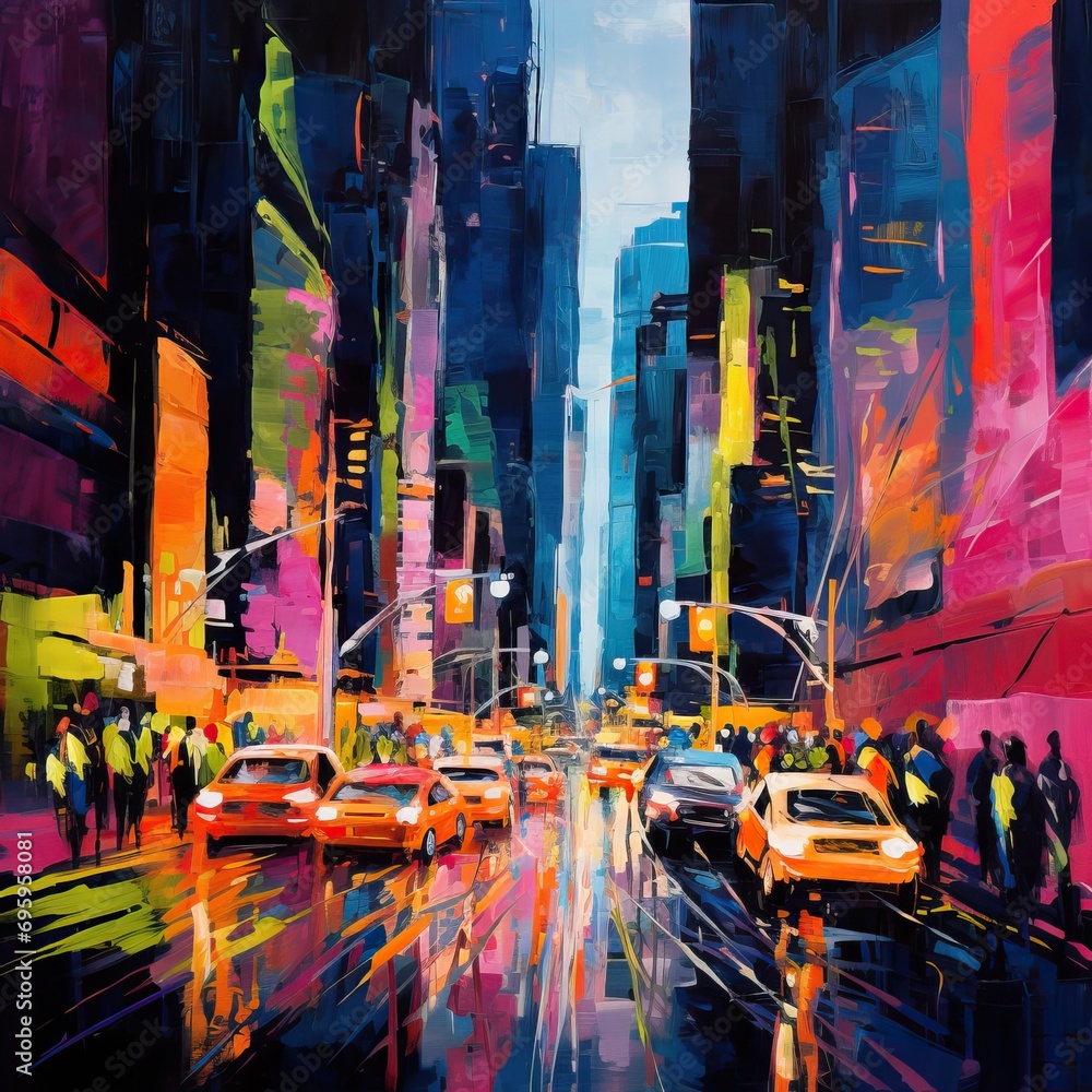 An abstract acrylic painting of a bustling cityscape at night, with ...