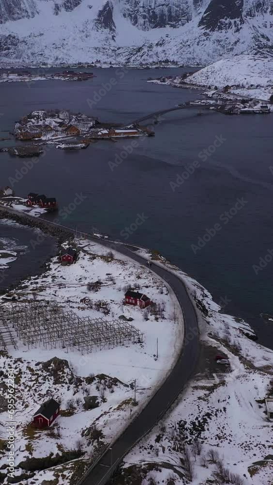 Fishing Villages and Mountains in Winter. Road and Bridges. Norwegian ...