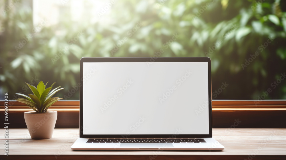 Computer with white screen on the office desk next to hte big window ...