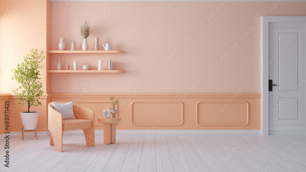 Peach fuzz room ,minimal luxury living room interior , peach armchair ...