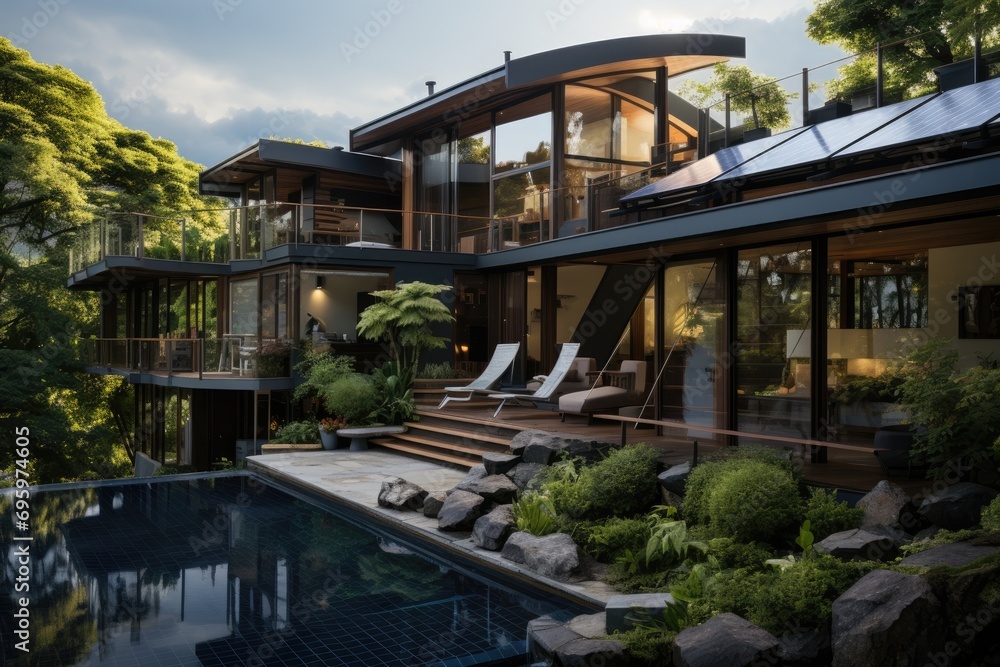 Modern two-storey house with panoramic windows and a swimming pool ...