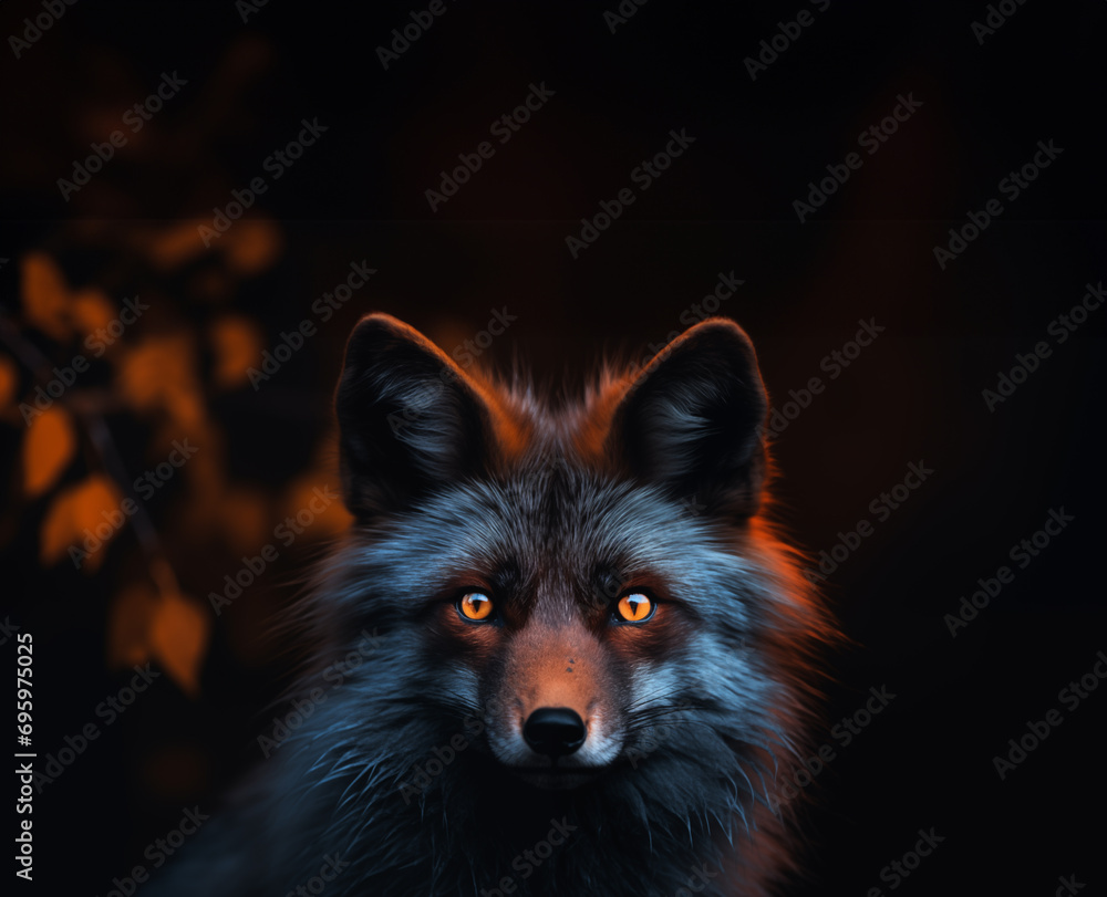 Cross fox in a forsest, melanistic colour variant of the red fox, with ...