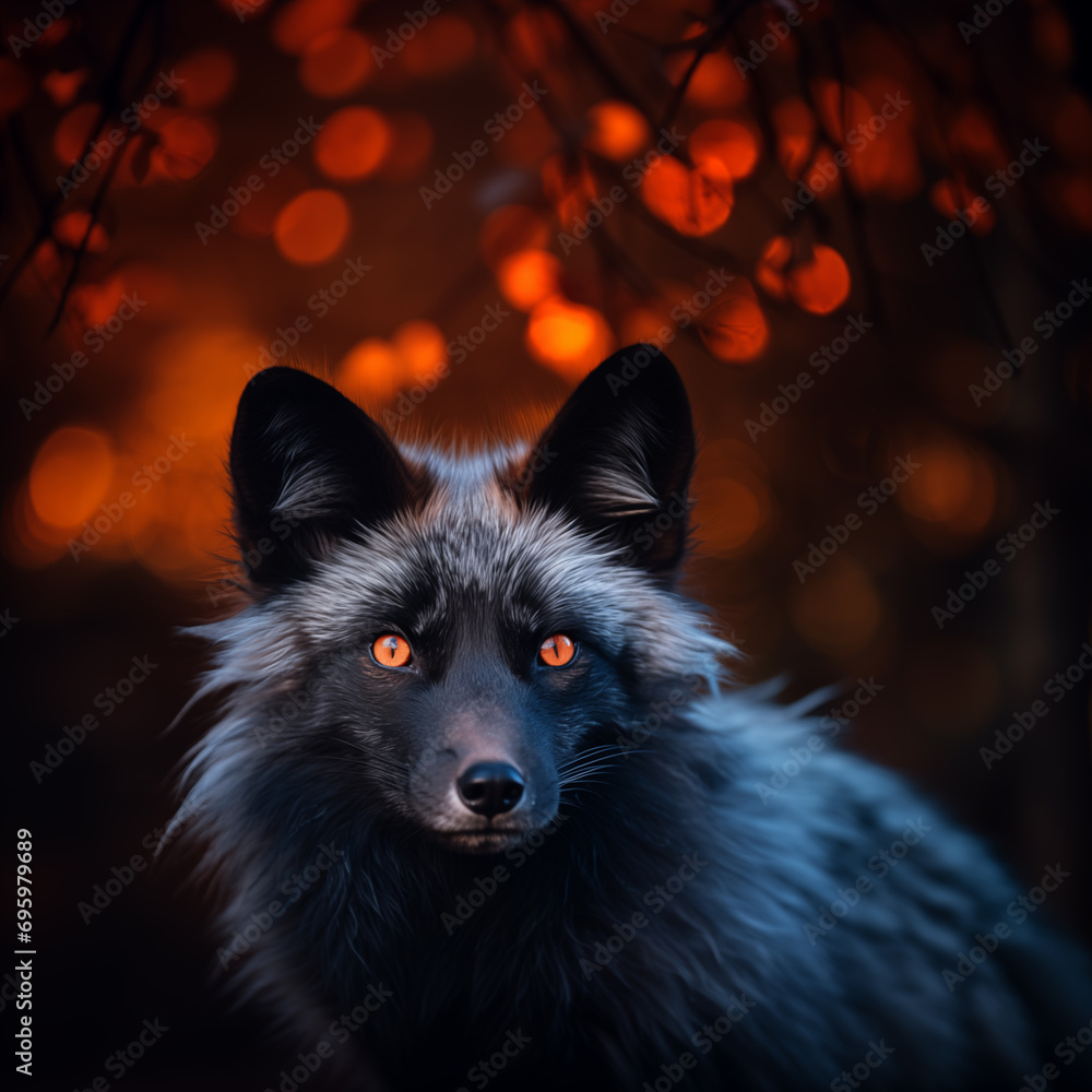 Cross fox in a forsest, melanistic colour variant of the red fox, with ...