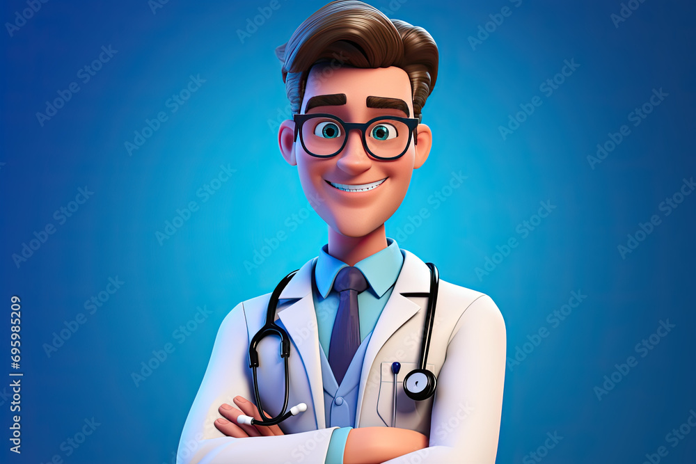 Cartoon character smart doctor wears glasses and stethoscope with arms ...