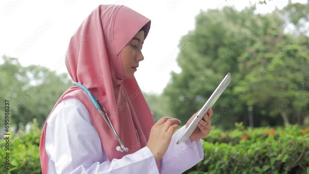Islamic female doctor Use a tablet to review treatment information for ...