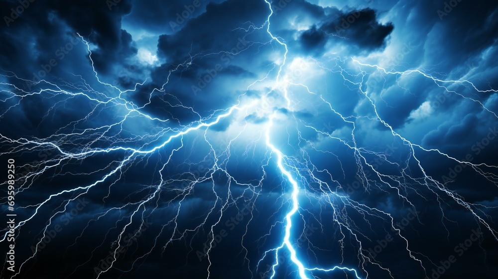 Bright and dramatic depiction of a lightning bolt in a stormy night sky ...