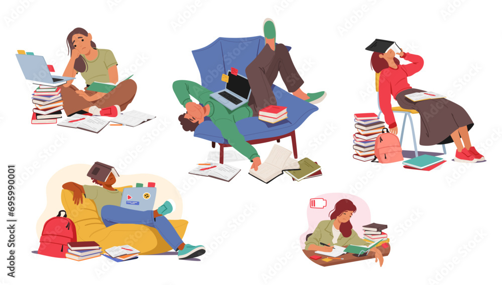 Vector Set Of Exhausted Students Hunched Over Textbooks, Wearied ...