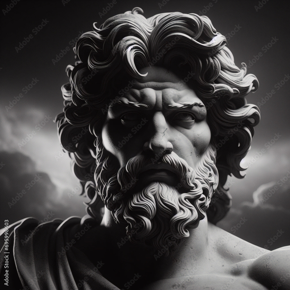 Handsome marble statue of powerful greek god Zeus over dark background ...