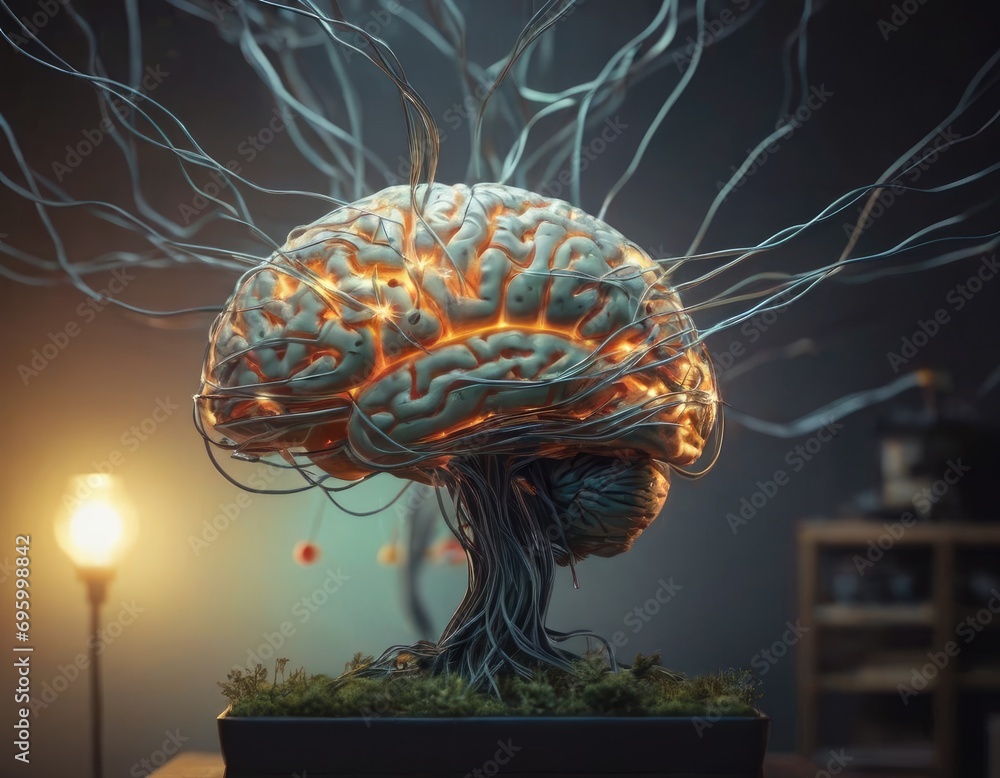 model of human brain tree with glowing impulses and electric lines ...