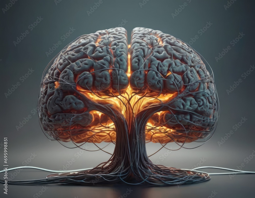 model of human brain tree with glowing impulses and electric lines ...