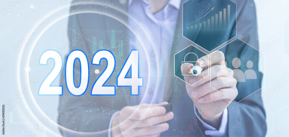 2024 calender year button on digital virtual screen blur background 스톡 ...