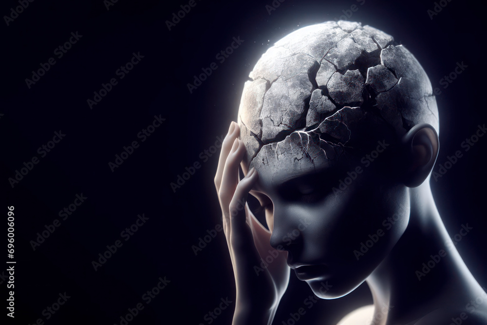 Cracked female head. Headache concept. Stress concept on solid black ...