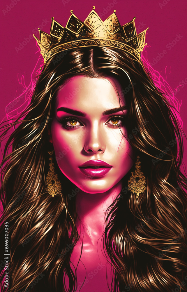 Beautiful Queen Woman Wearing a Golden Crown, Miss Model Illustration ...