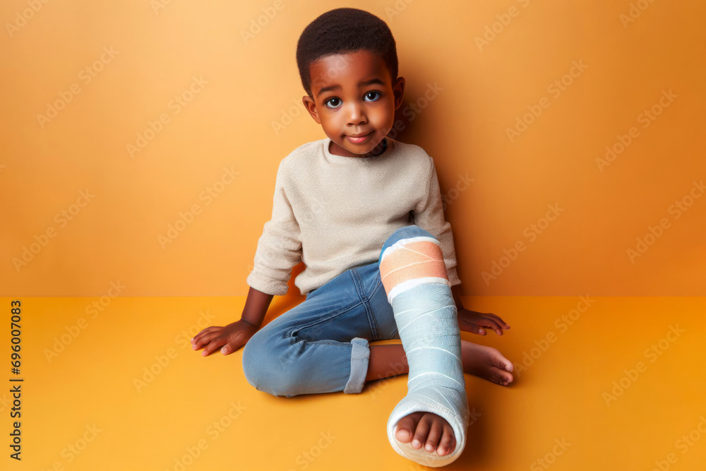 photo of a cute kid boy with a bandaged leg in a cast on a color ...