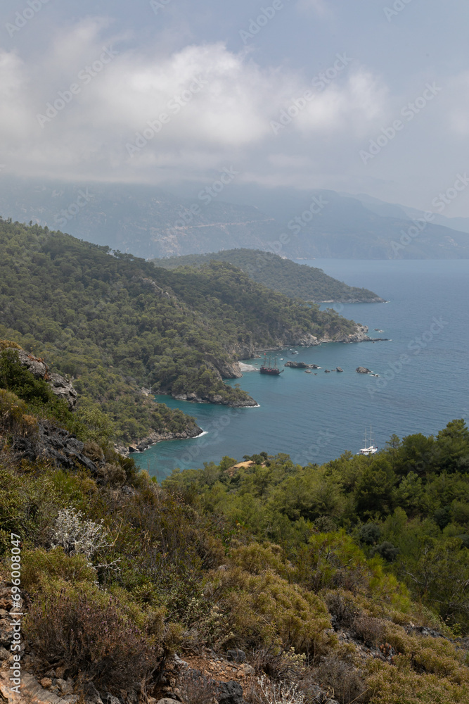 A wide blue lagoon on the Mediterranean coast of Turkey. Top view from ...