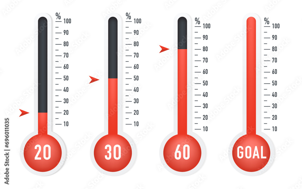 Goal thermometer icon set. Clipart image isolated on white background ...