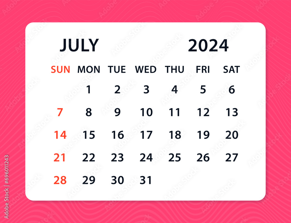 July 2024 Calendar Leaf. Monthly calendar template for 2024 year ...