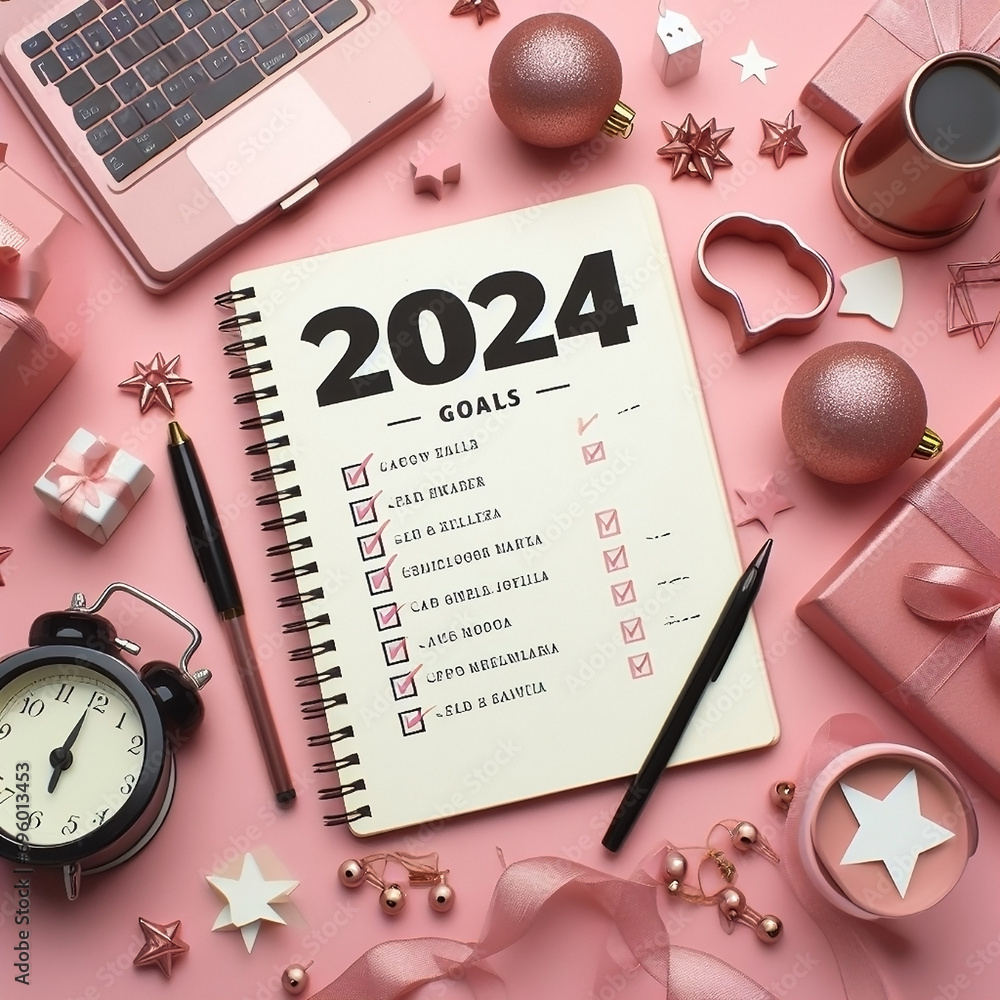 2024 checklist goals and wishes on a notebook on the pink desk, Stock ...