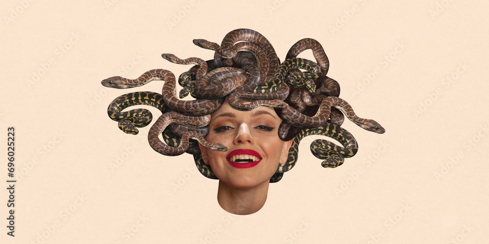 Contemporary art collage. Young beautiful girl with snakes instead of ...