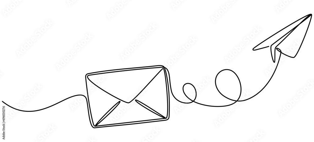 Paper plane with envelope continuous line drawing. Email linear symbol ...
