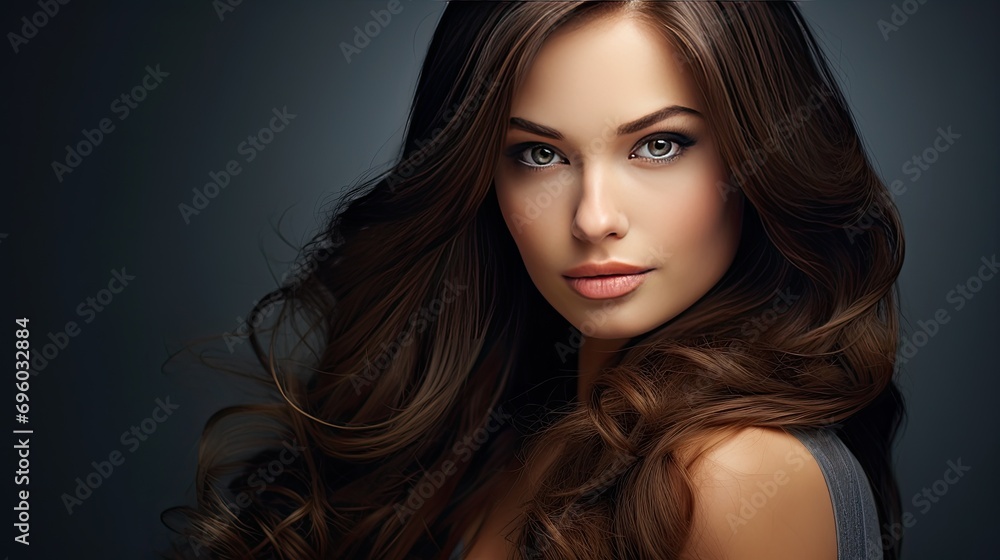 Beautiful female face with powerful silky hair and chic hairstyle ...