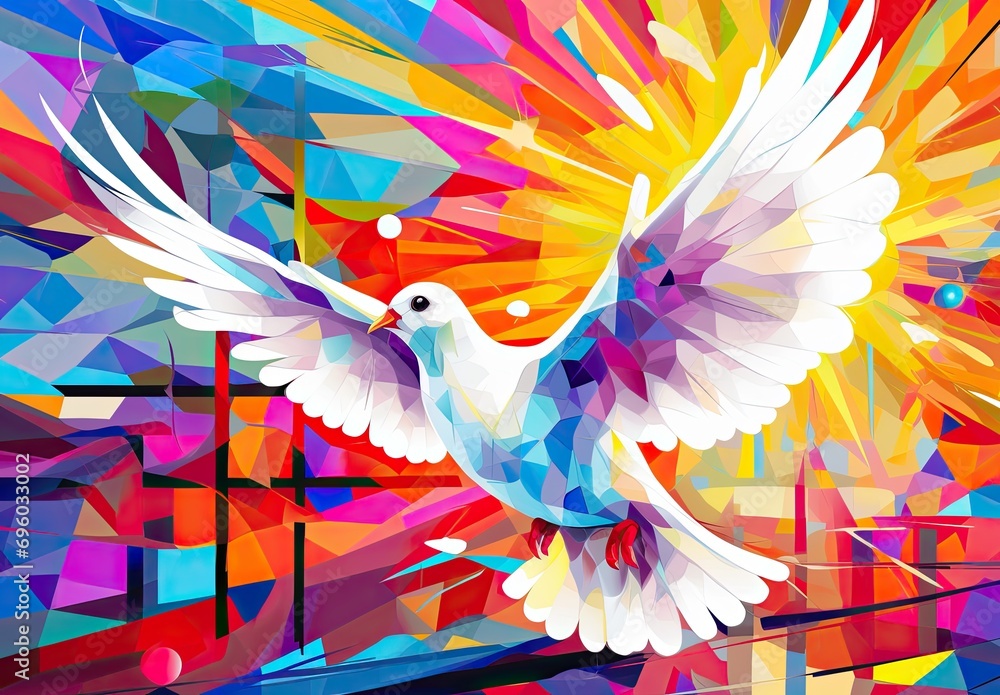 Flying white dove of peace in a painted style. Painting with the bird ...