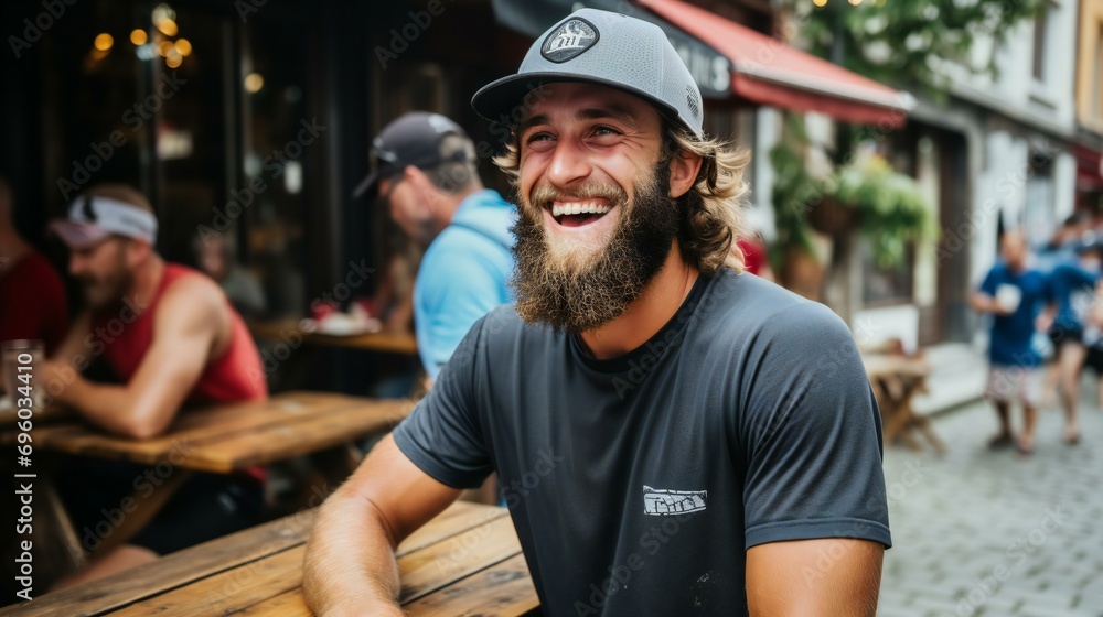 A cheerful and stylish portrait of a happy man outdoors, radiating ...